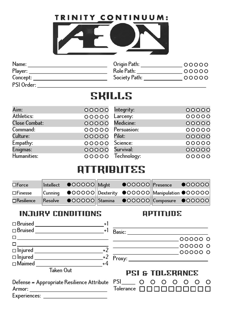 Trinity Aeon Character Sheet (Printer Friendly) PDF | PDF