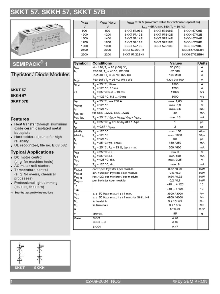 SKKT 57, SKKH 57, SKKT 57B: Thyristor | PDF | Electric Power ...