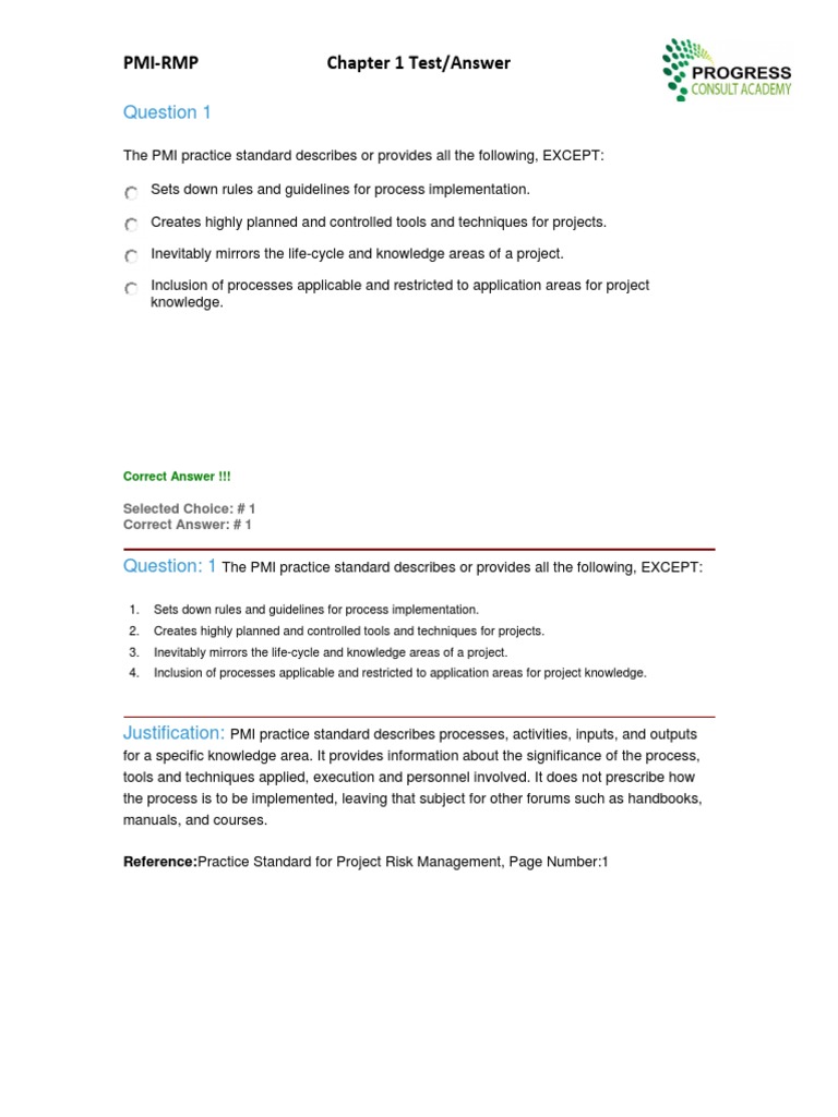 Pmi-Rmp Chapter 1 Test/Answer: Selected Choice: # 1 Correct Answer: # 1 ...