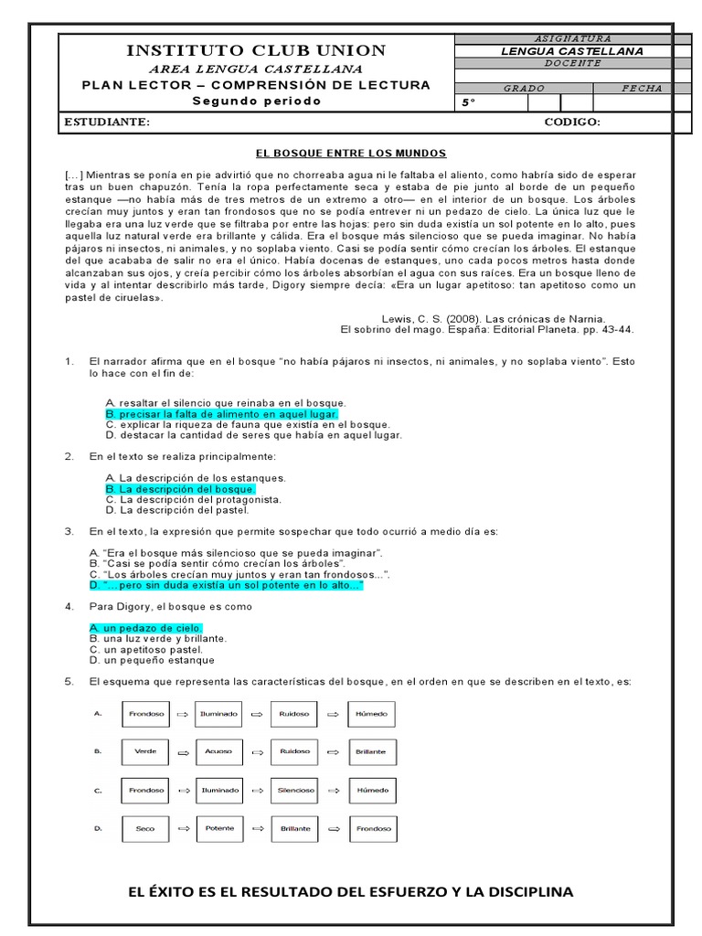 Comprensión Lectora El Bosque Con Respuestas | PDF