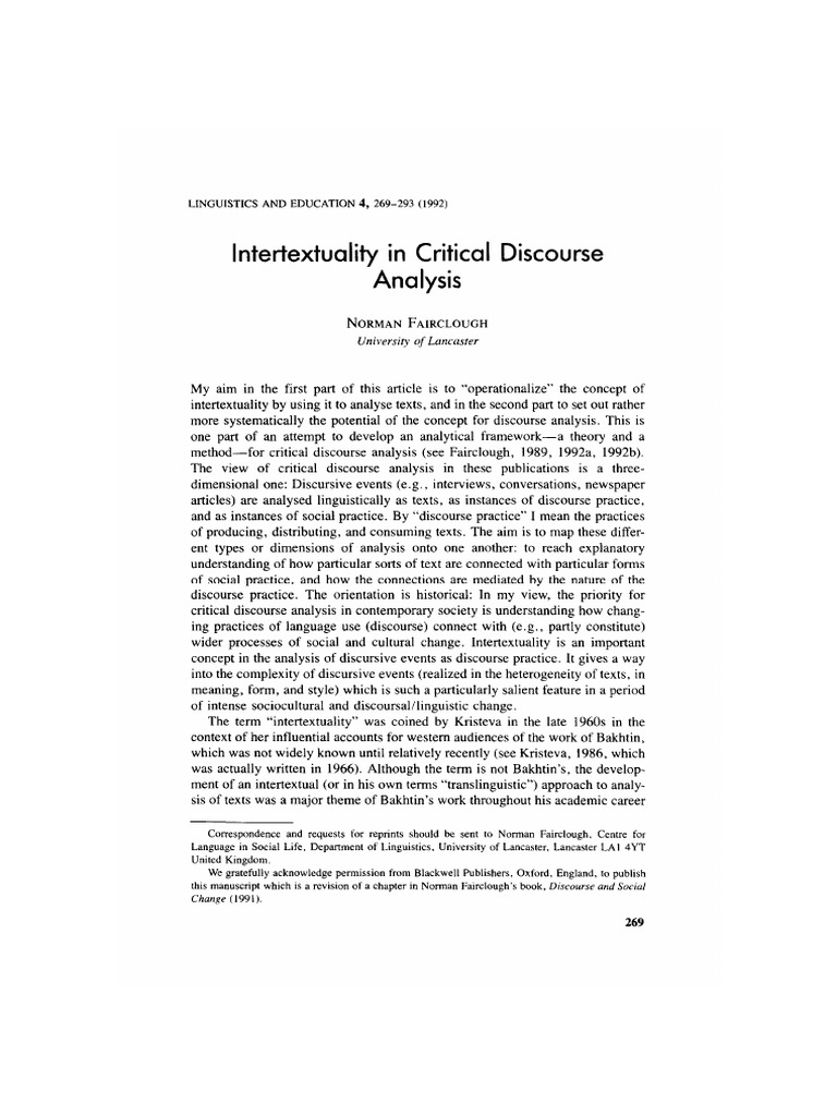 Fairclough Norman. - Intertextuality in Critical Discourse Analysis PDF ...
