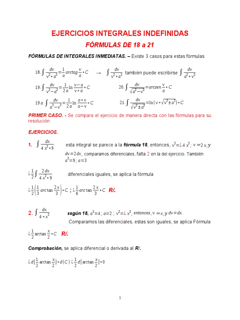 Integrales Indefinidas. Fórmulas 18 A 21 | PDF | Integral | Fracción ...