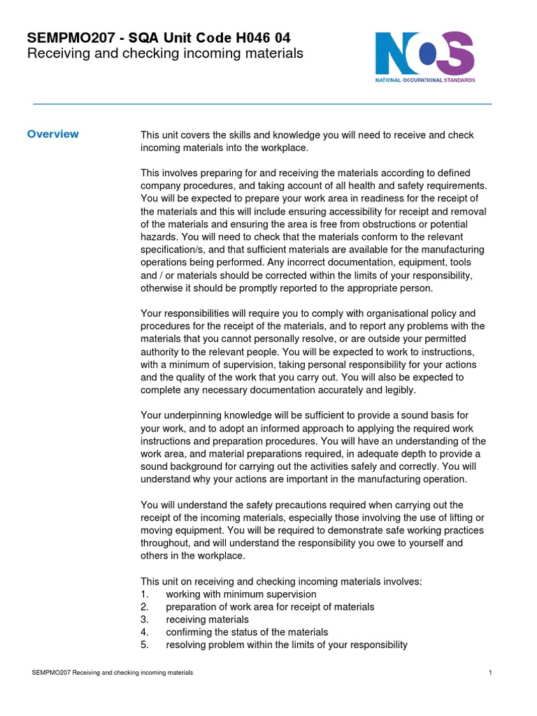 Receiving and Checking Incoming Materials: SEMPMO207 - SQA Unit Code ...