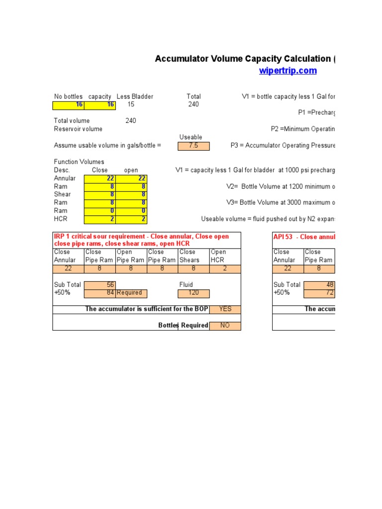 Accumulator Volume Capacity Calculation (API RP53 and IRP 1) | PDF ...