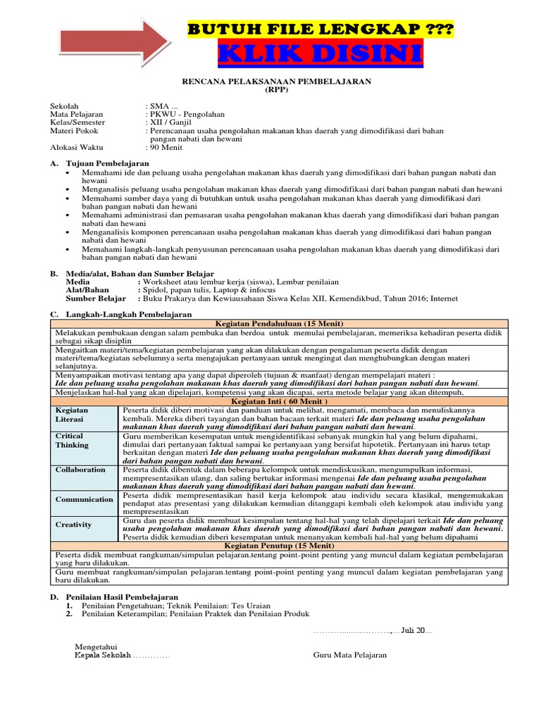 RPP 1 Lembar Pkwu Xii Sem. 1 | PDF