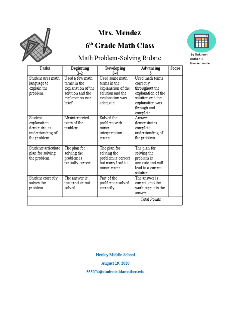 Problem Solving Math Rubric | Download Free PDF | Educational ...
