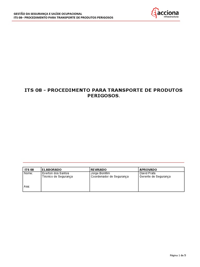 Its 08 - Procedimento para Transporte de Produtos Perigosos | PDF | Transporte | Química