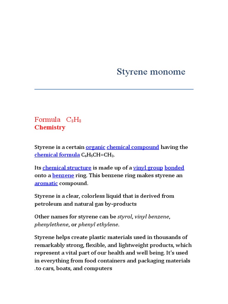 Styrene Monome: Formula C H | PDF | Polystyrene | Plastic