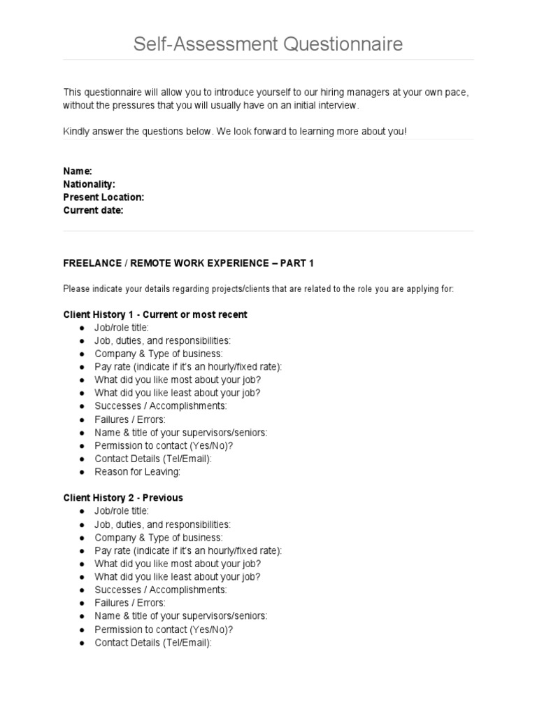 Self-Assessment Questionnaire: Name: Nationality: Present Location ...