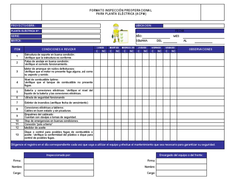 FR-SST-018 Formato Inspeccion Preoperacional para Planta Eléctrica ACPM ...
