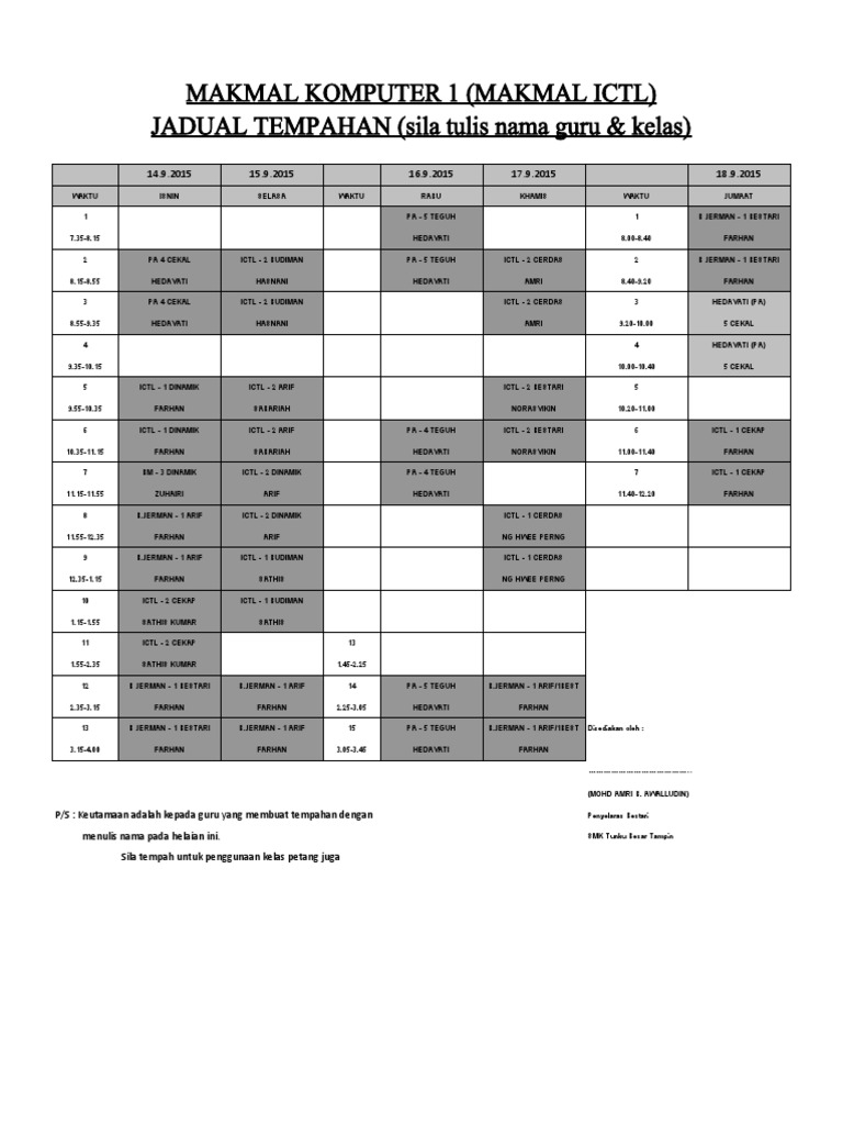 Jadual Tempahan Makmal Komputer | PDF