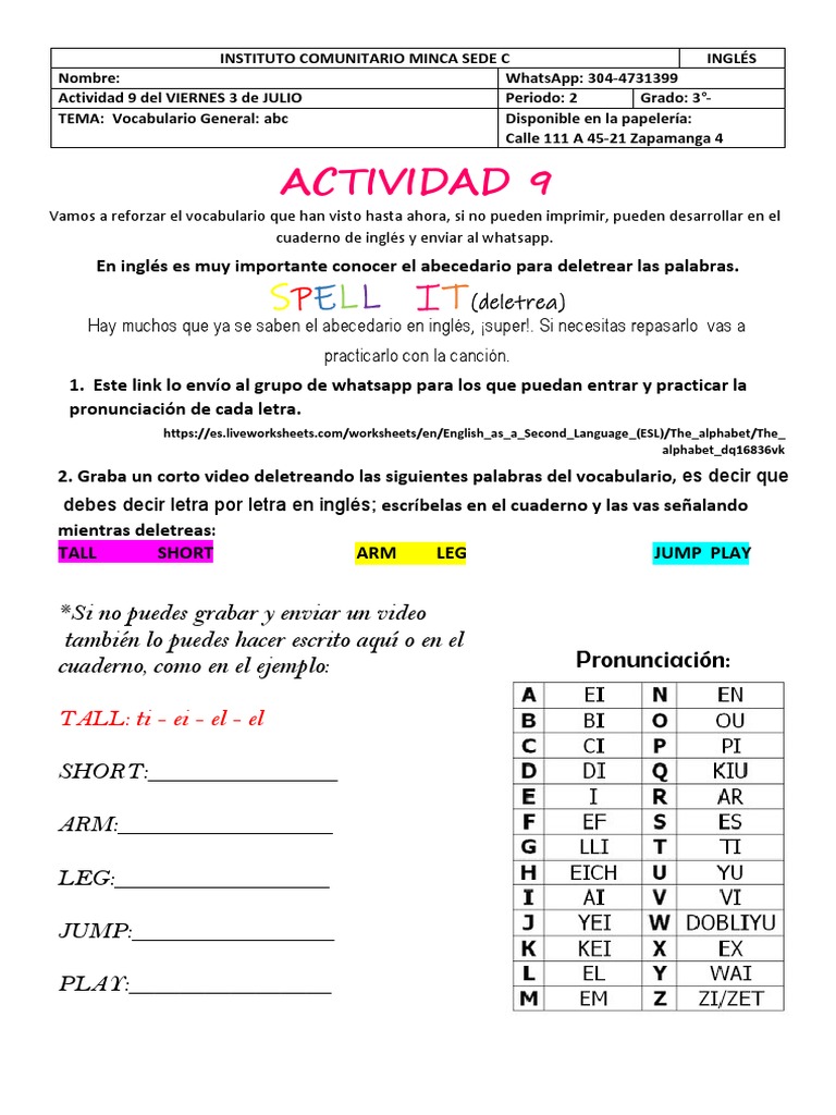 Ejercicios de Deletreo en Inglés para Niños | PDF | Artes del Lenguaje ...