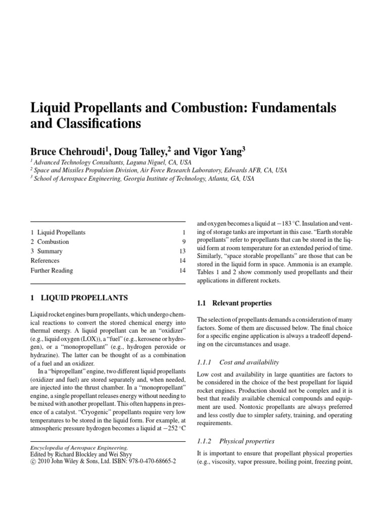 Liquid Propellants and Combustion: Fundamentals and Classifications ...
