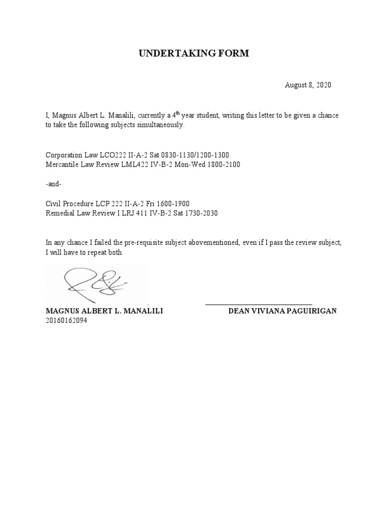 Undertaking Form: Magnus Albert L. Manalili Dean Viviana Paguirigan | PDF