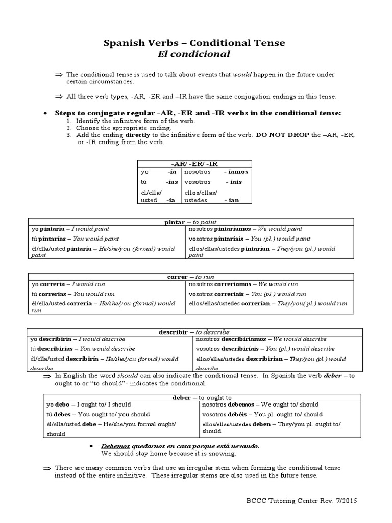 Spanish Verbs - Conditional Tense: El Condicional | PDF | Grammatical ...