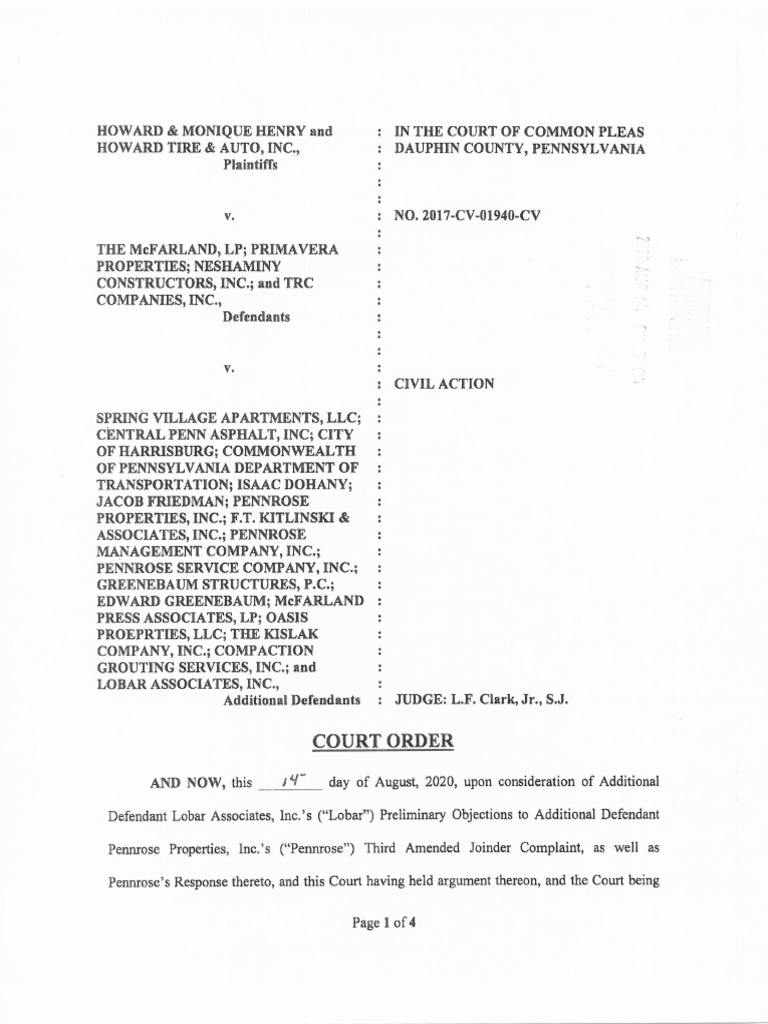 Henry Et Al. v. The McFarland Et Al. - Order - Lobar's Prelim. Objections To Pennrose's Third ...