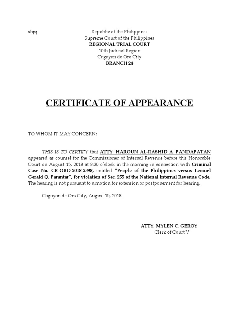 Certificate of Appearance: Regional Trial Court | PDF