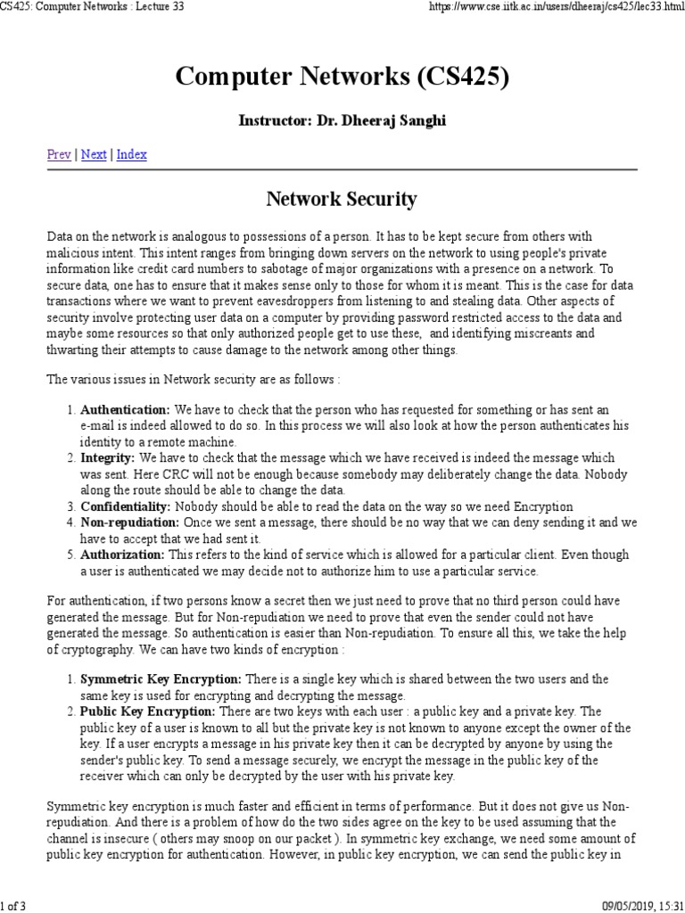 Computer Networks (CS425) : Network Security | PDF | Public Key Cryptography | Key (Cryptography)