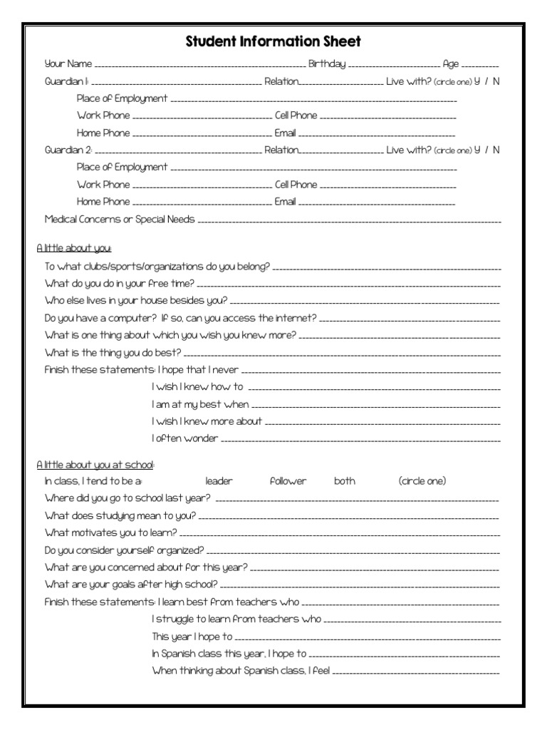 High School Student Info Sheet | PDF | Career & Growth