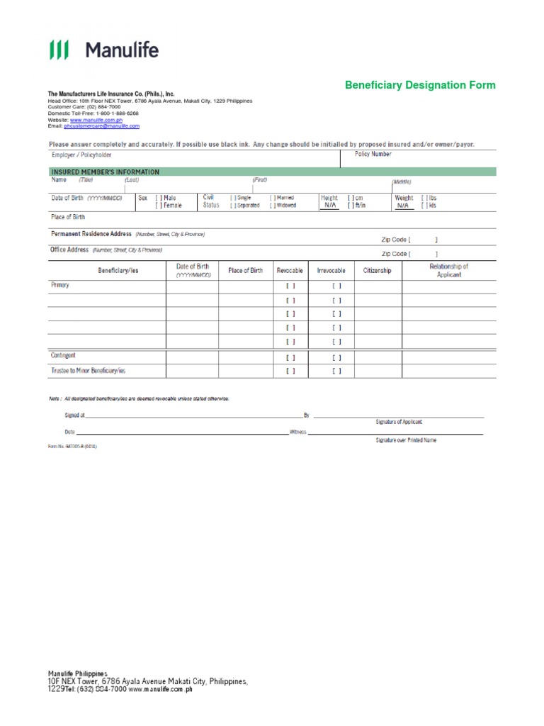 Beneficiary Designation Form (Manulife) | PDF