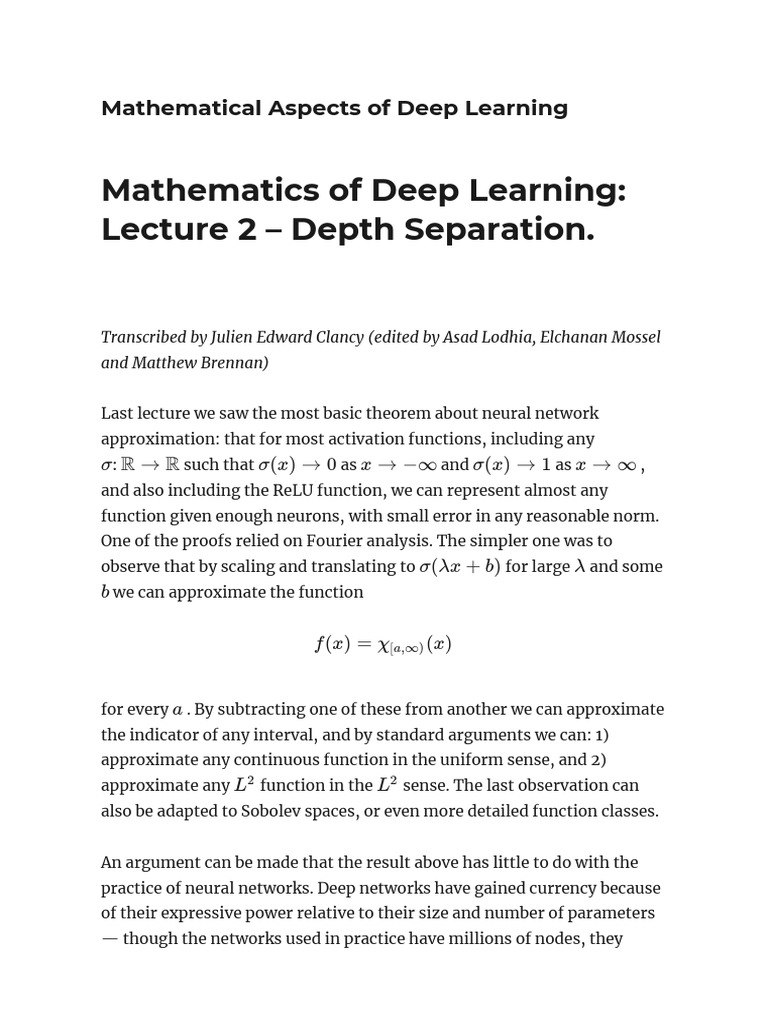 Mathematics of Deep Learning: Lecture 2 - Depth Separation | PDF ...