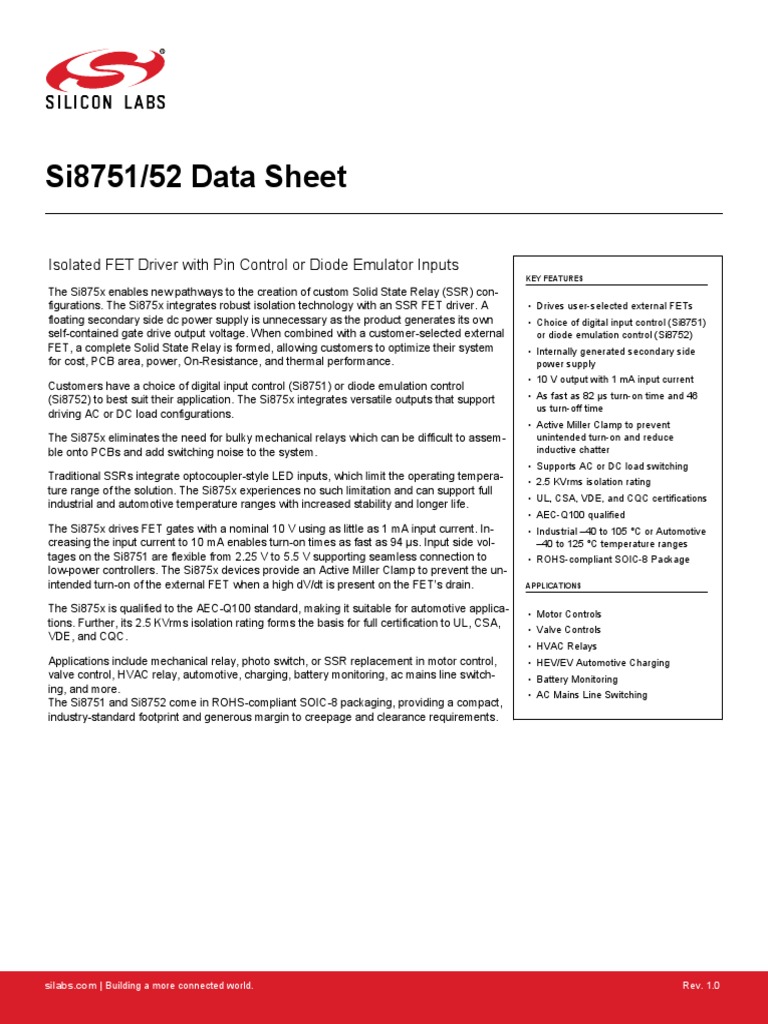 Si8751/52 Data Sheet: Isolated FET Driver With Pin Control or Diode ...