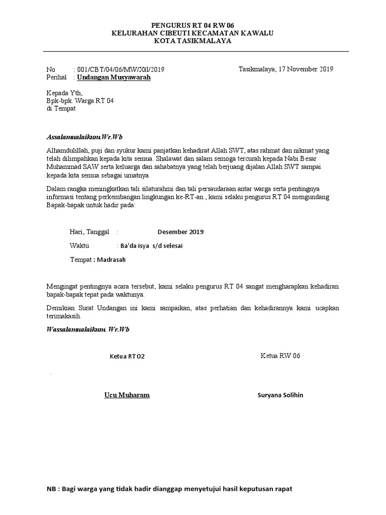 Surat Undangan Rapat RT | PDF