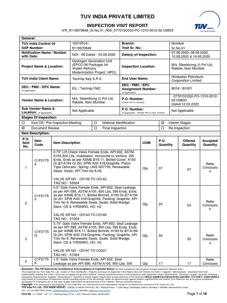 Technip - IVR - 8116970849 - Sr. No.01 - R00 - 077015C002-PO-1310-0012-02-O9833 PDF | PDF ...