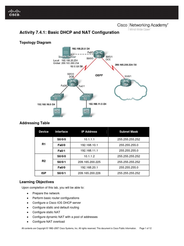 7.4.1 Basic DHCP y NAT Configuration PDF | PDF | Ip Address | Router (Computing)