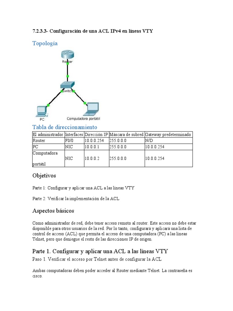 7.2.3.3 Configuración de Una ACL IPv4 en Líneas VTY | PDF | Dirección IP | Enrutador (Computación)