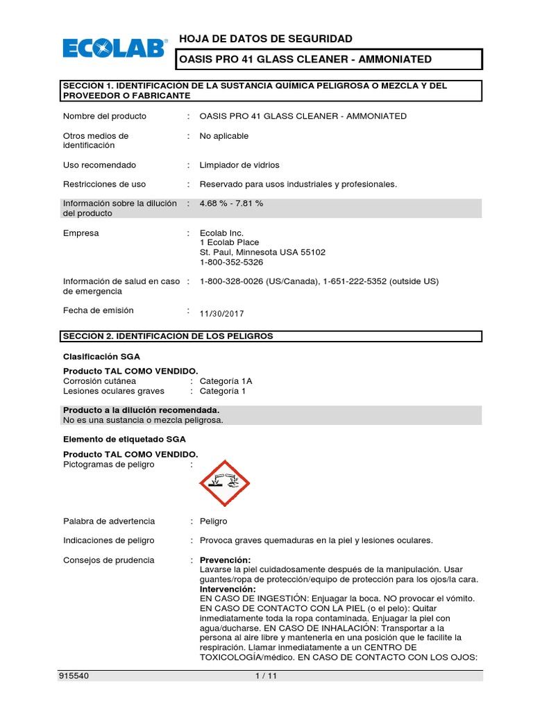 MSDS - Oasis Pro 41 Glass Cleaner-Ammoniated | PDF | Solubilidad | Quemar