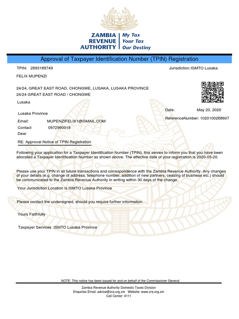 Approval of Taxpayer Identification Number (TPIN) Registration | PDF