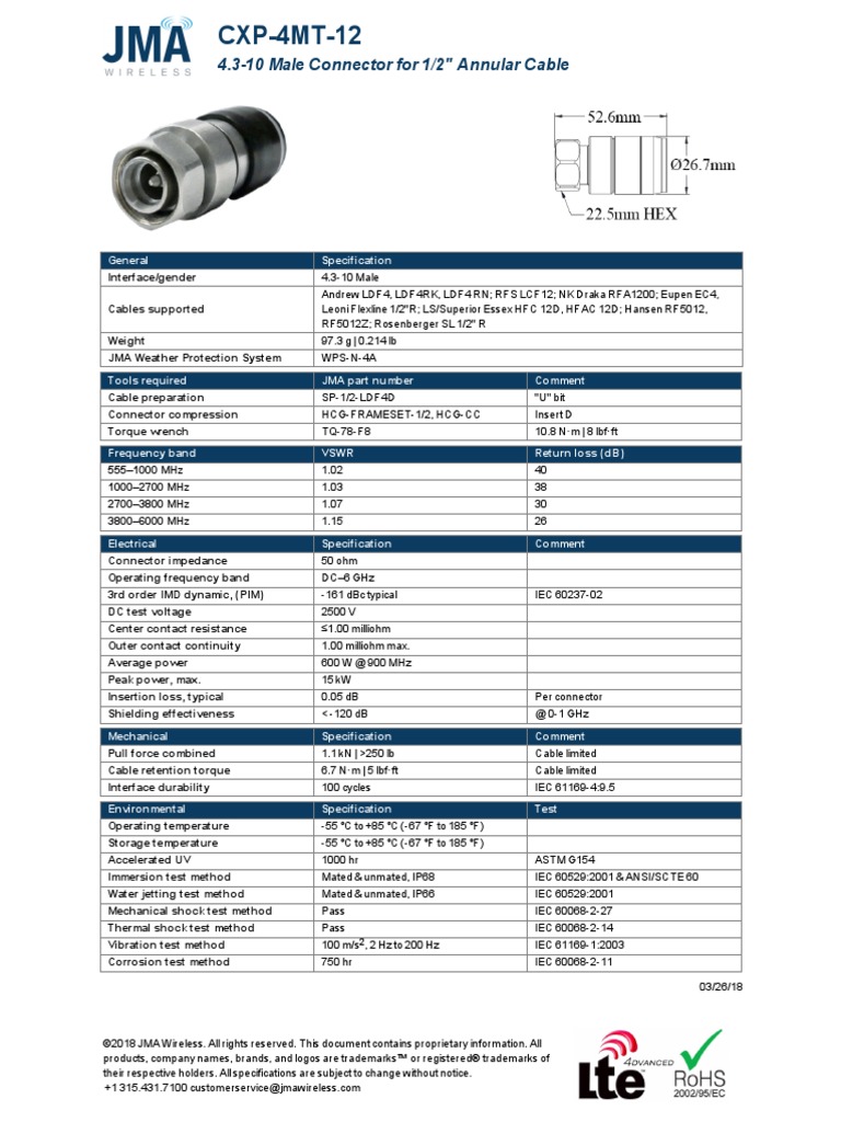 CXP-4MT-12: 4.3-10 Male Connector For 1/2" Annular Cable | PDF | Hertz ...