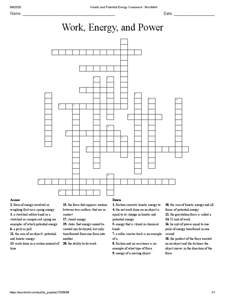 Kinetic and Potential Energy Crossword - WordMint | PDF | Potential ...
