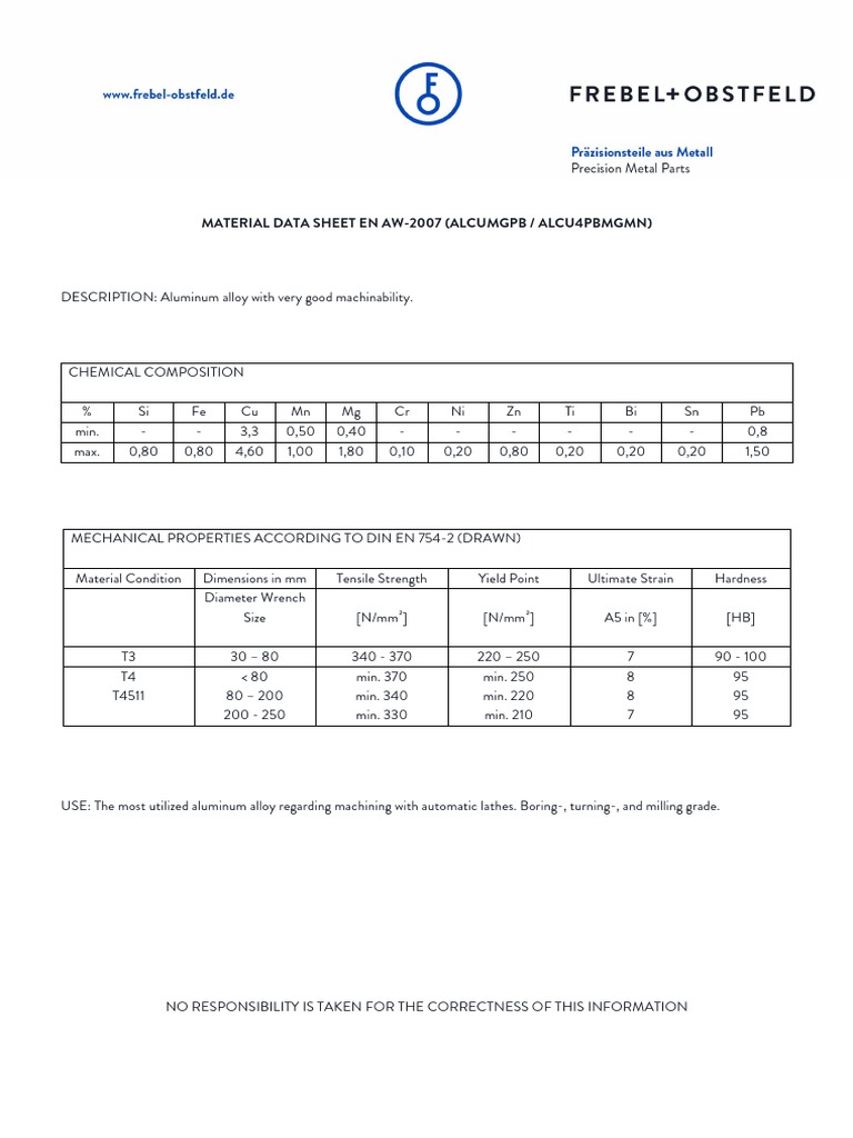 Material Data Sheet en Aw-2007 (Alcumgpb / Alcu4Pbmgmn) | PDF