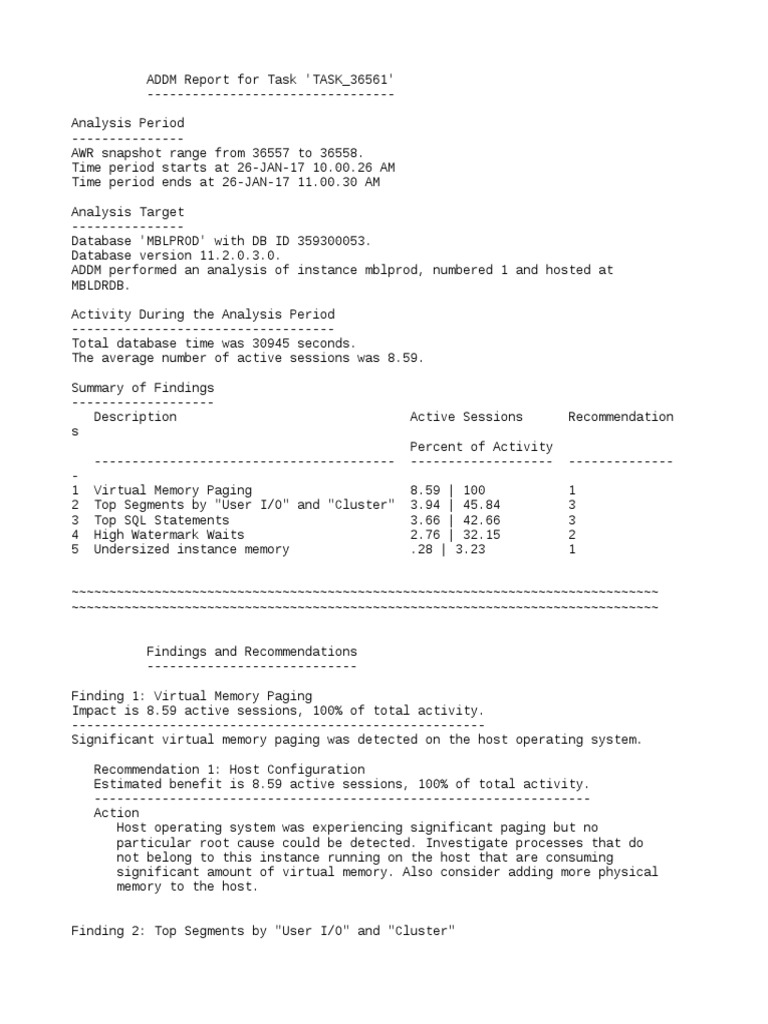 ADDM Report: MBLPROD Database Analysis | PDF | Databases | Sql