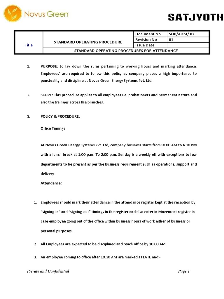 Attendance SOP for Novus Green Energy | PDF | Payroll | Employee Relations
