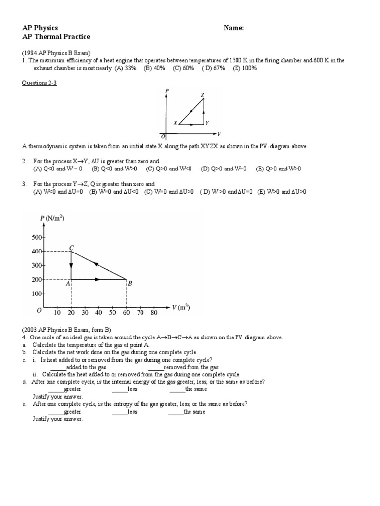 AP Physics Thermal Practice: Analyzing Heat Engines, Gas Processes, and ...