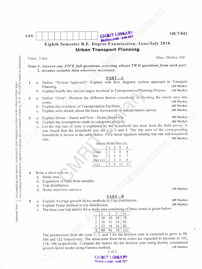 VTU Question Paper of 10CV843 Urban Transport Planning June 2018 PDF | PDF