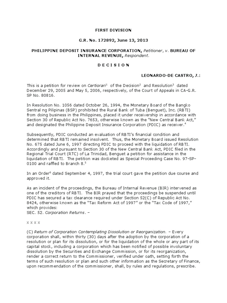 Pdic VS Bir GR 172892 | PDF | Receivership | Liquidation