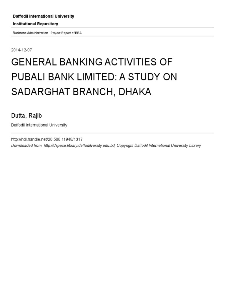 General Banking Activities of Pubali Bank Limited: A Study On Sadarghat Branch, Dhaka | PDF ...