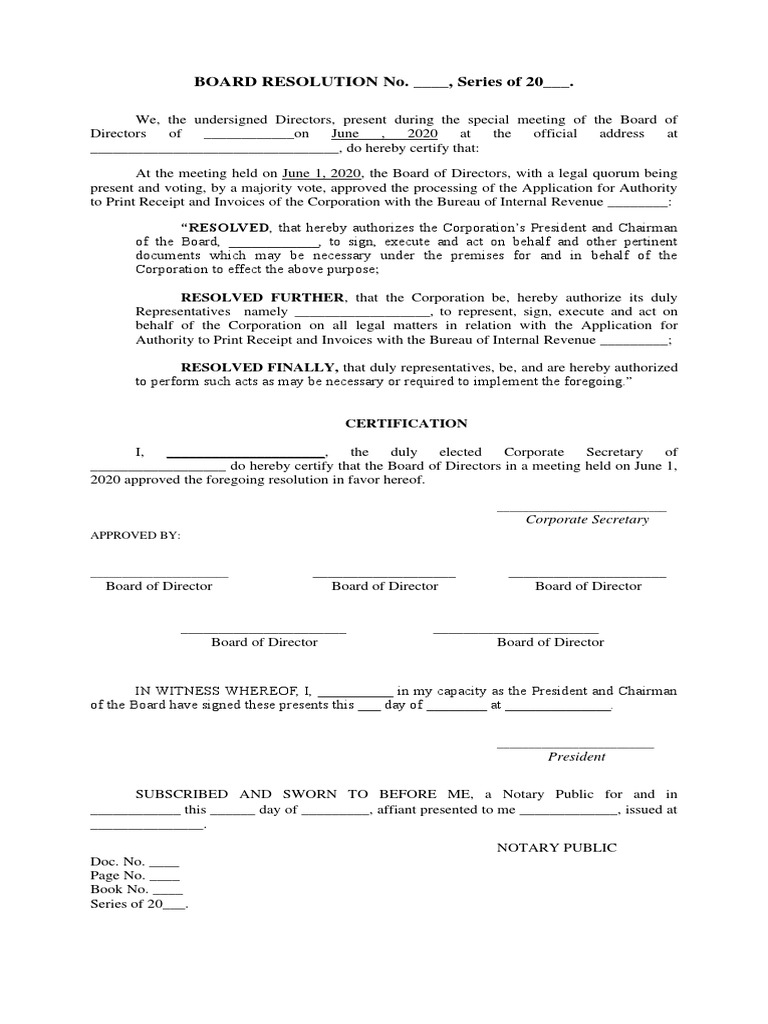 BOARD RESOLUTION Sample | PDF | Board Of Directors | Notary Public