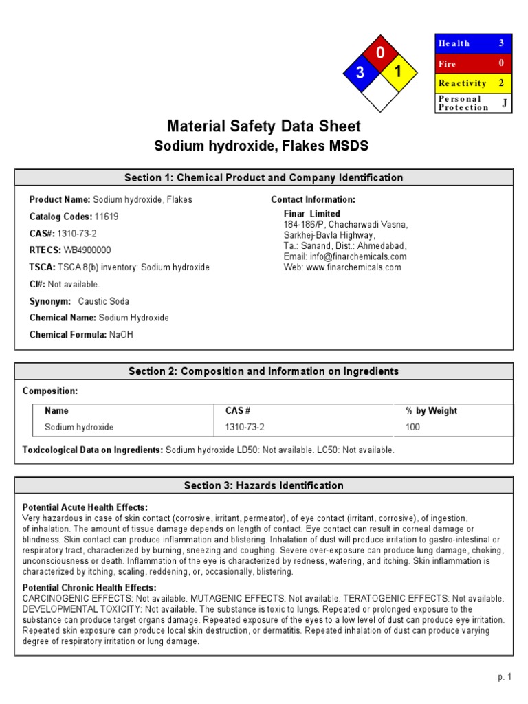 1 Material Safety Data Sheet: Sodium Hydroxide, Flakes MSDS | PDF ...