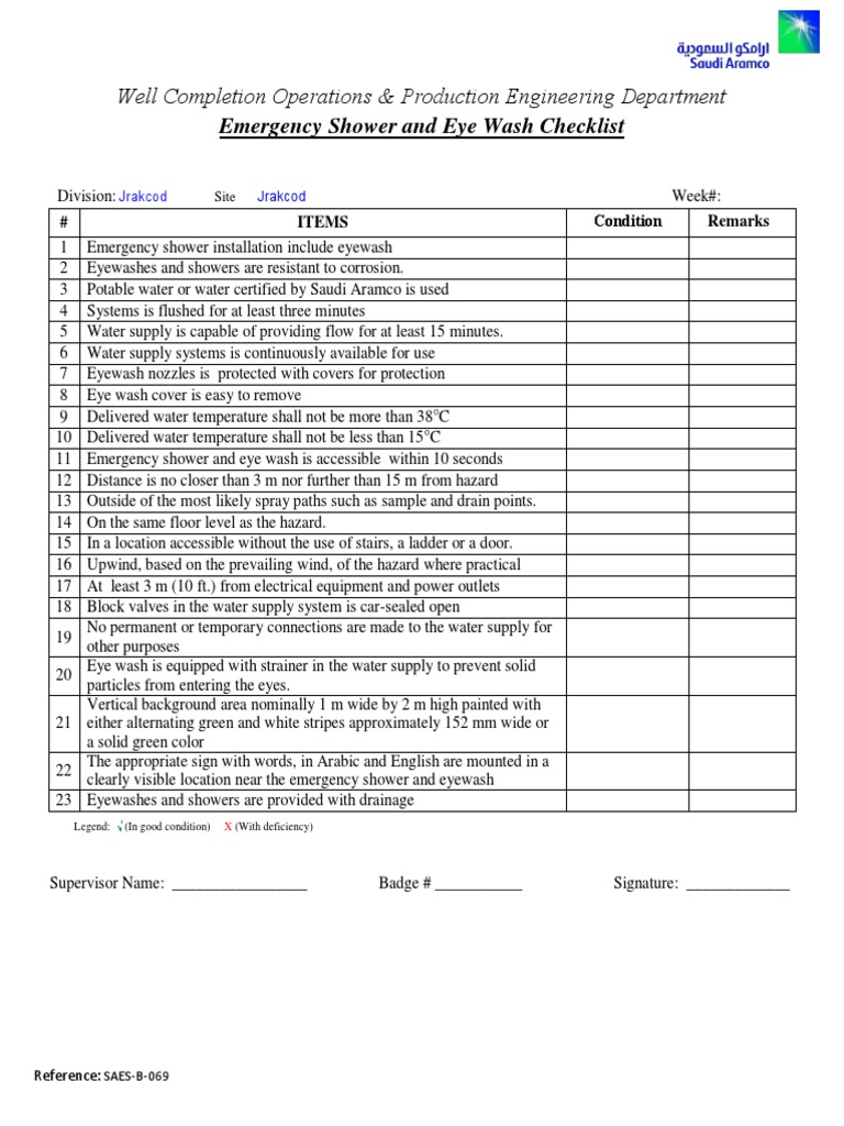 001 Emergency Shower and Eye Wash Checklist - UPDATED | PDF | Shower ...