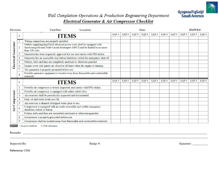 011 Generator and Compressor Checklist - UPDATED | PDF