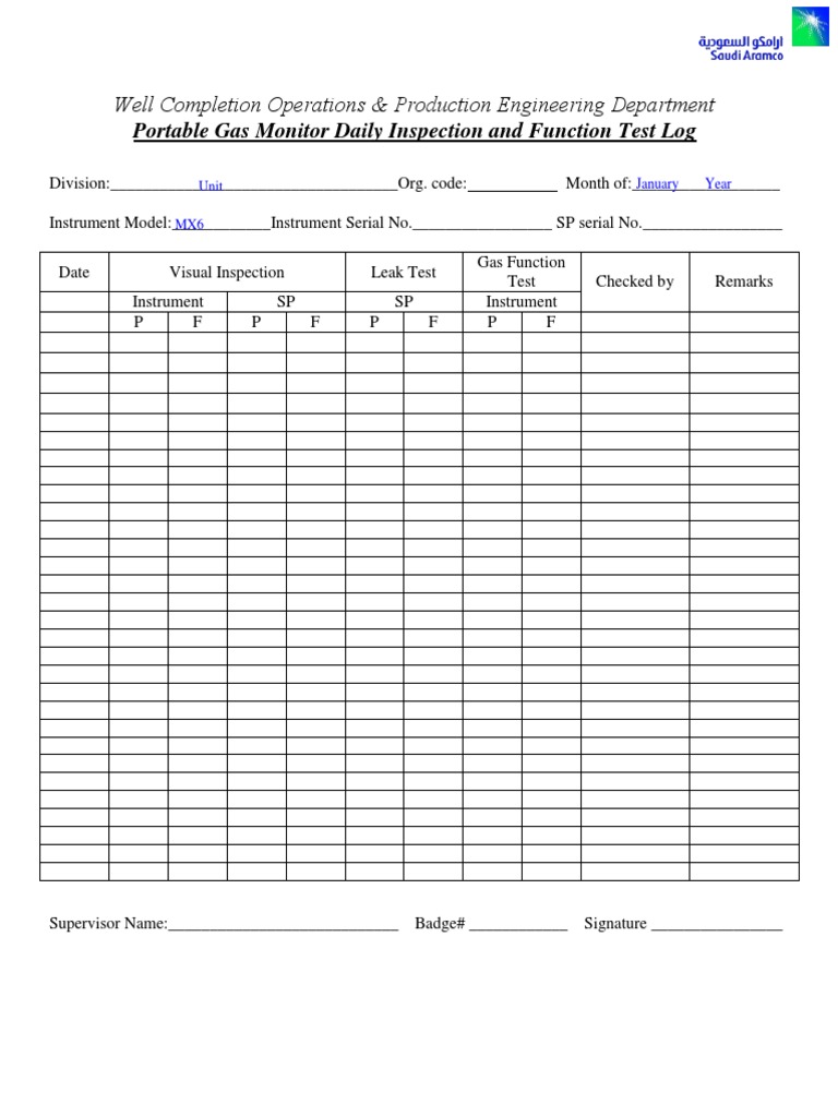 Portable Gas Monitor Inspection Log | PDF