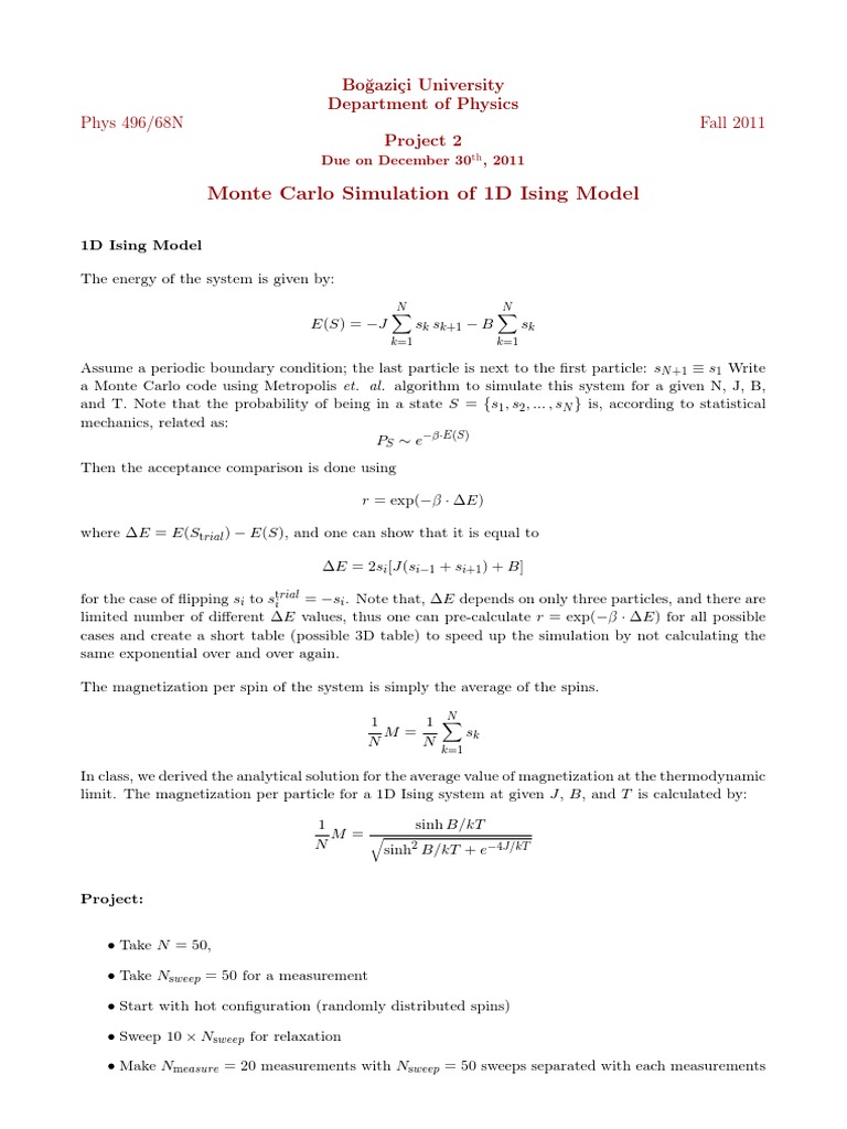 Monte Carlo Simulation of 1D Ising Model: Bo Gazi Ci University ...
