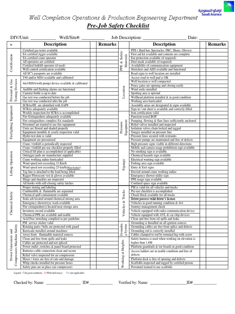 Pre-Job Safety Checklist for Well Operations | PDF | Vehicles | Crane ...