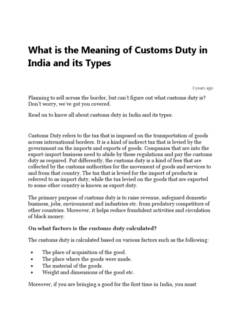 What Is The Meaning of Customs Duty in India and Its Types | PDF ...