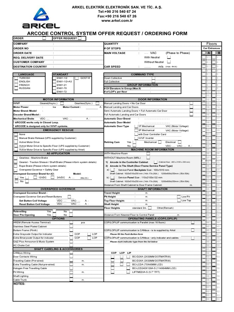 Arcode Control System Offer Request / Ordering Form:::: VAC (Phase To ...